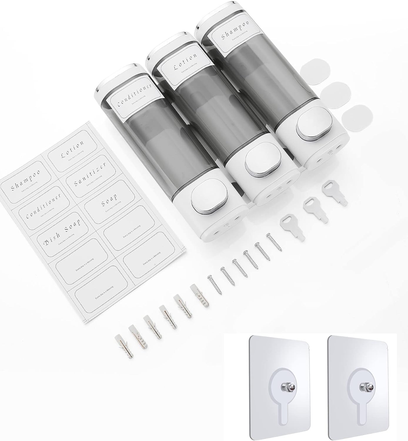 3 in 1 Shampoo and Conditioner Dispenser wall, Shower Dispenser 3 Chamber No Drill, White Bathroom Soap Dispenser and Labels