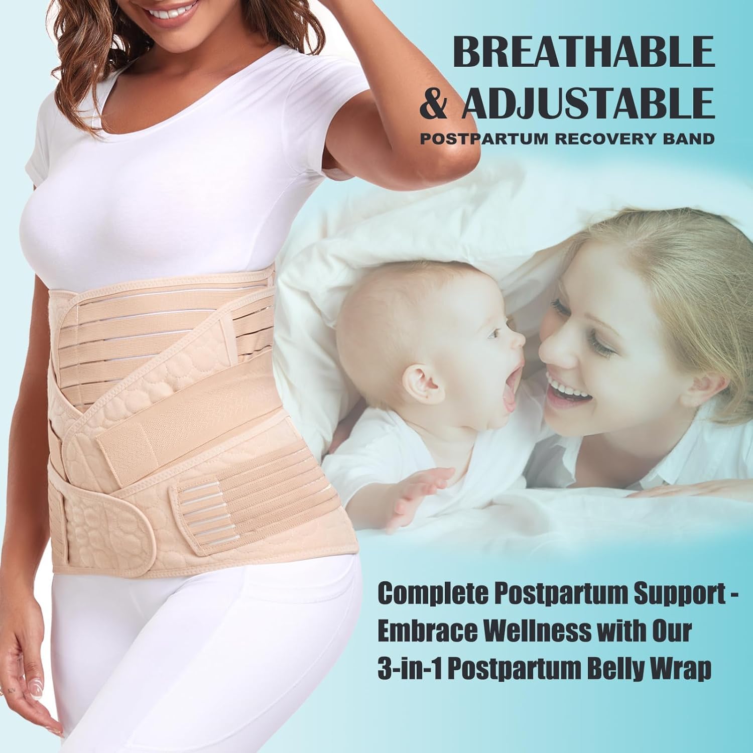 MAMODY 3 in 1 Postpartum Belly Wrap Postpartum Belly Band Support Recovery Belt, After Birth Brace, Body Shaper Waist Shapewear (XL, Classic Beige)