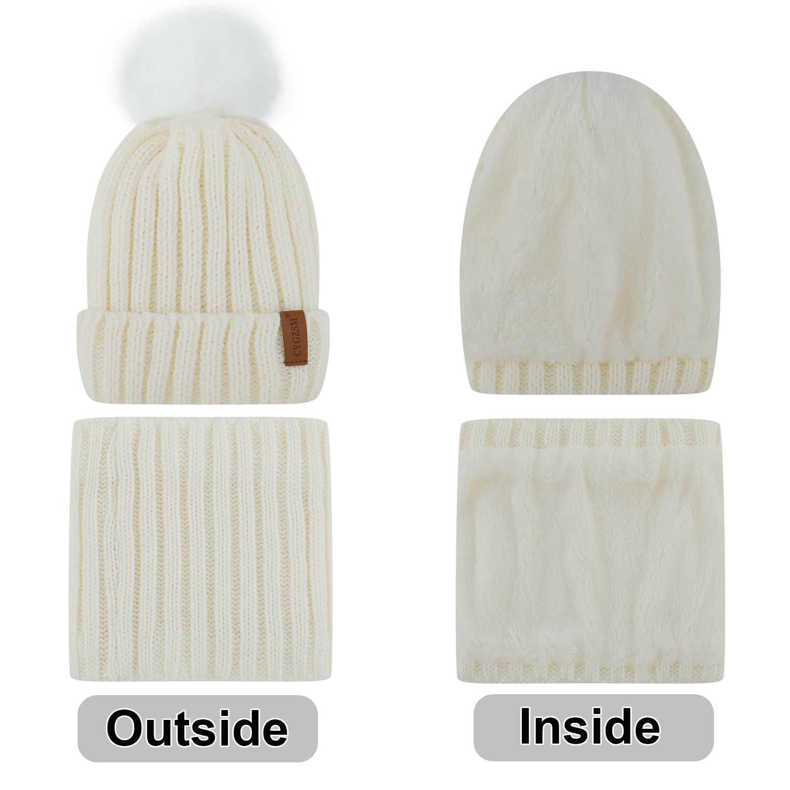 Women Winter Hat Scarf Gloves 3 in 1, Fleece Lined Thick Warm Beanie Hats for women, Knit Slouchy Skull Caps with Pom Pom