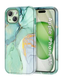 btscase for iphone 15 case 6.1 inch (2023), marble pattern 3 in 1 heavy duty shockproof full body hard pc+soft silicone drop protective women girls cover for iphone 15, green