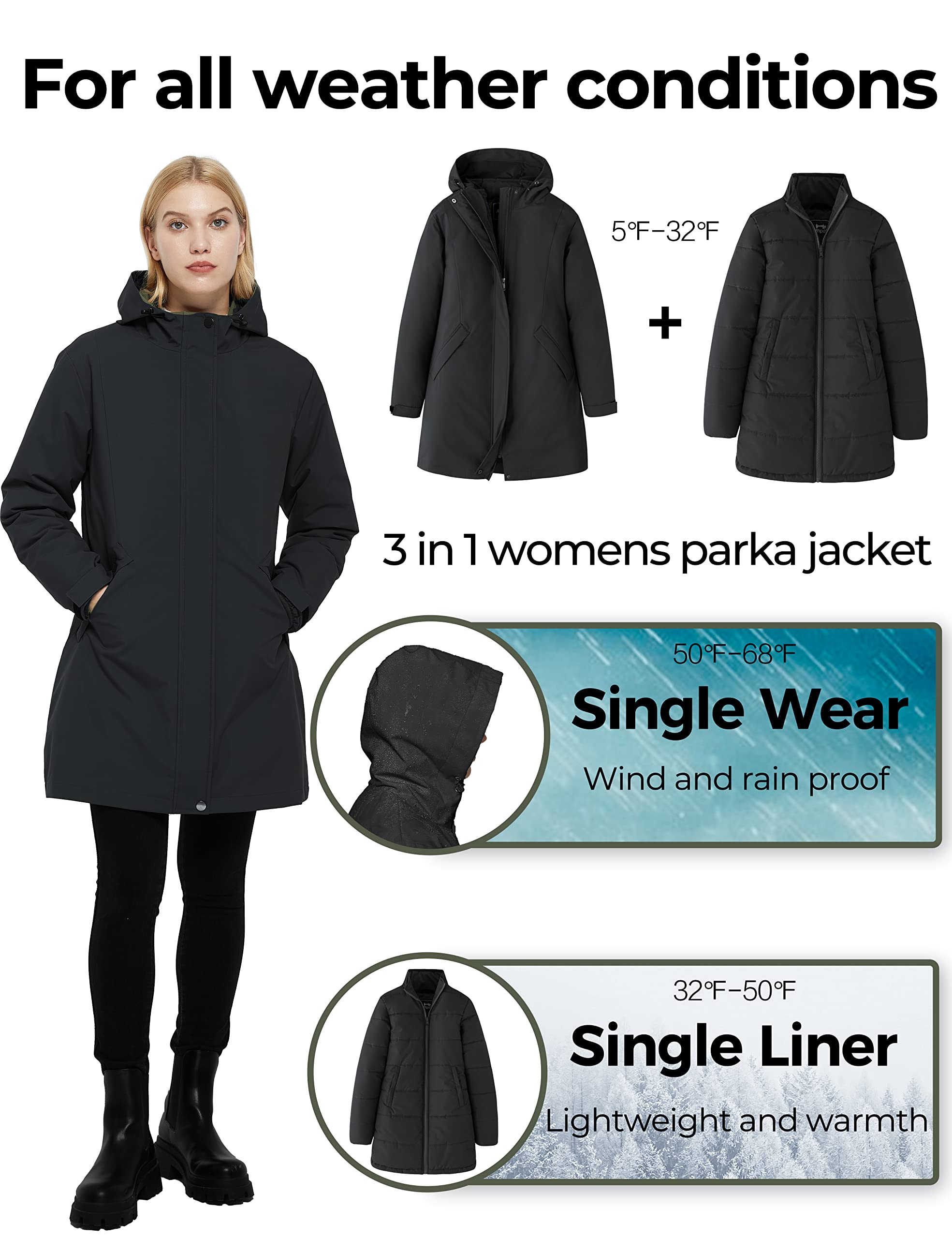 Ampake Women's 3 in 1 Parka Jacket Warm Winter with Detachable Puffer Coat (Black,L)