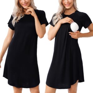 womear women sleepshirts 3 in 1 delivery/labor/maternity/nursing nightgown short sleeve breastfeeding sleep dress pure black l