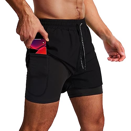 OEBLD Men’s Running Shorts 3 Inch Workout Gym 2-in-1 Pants Athletic Compression Track Tights with Zipper Pockets Lightweight Quick Dry Sports Black