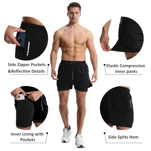 OEBLD Men’s Running Shorts 3 Inch Workout Gym 2-in-1 Pants Athletic Compression Track Tights with Zipper Pockets Lightweight Quick Dry Sports Black