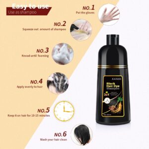 KINGMING Black Hair Dye Shampoo 3 in 1 for Gray Hair, Hair Color Shampoo for Women Men Grey Hair Coverage, Herbal Ingredients Champu Con Tinte Para Canas 500ml (Black)