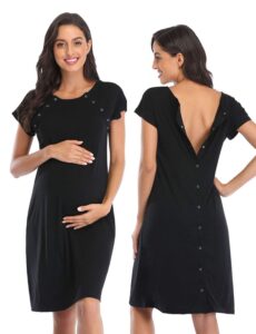 soanhoo 3 in 1 nursing dress maternity nightgown labor/delivery breastfeeding birthing gown with button,black,xl