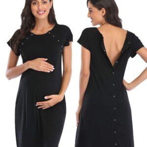 Soanhoo 3 in 1 Nursing Dress Maternity Nightgown Labor/Delivery Breastfeeding Birthing Gown with Button,Black,XL