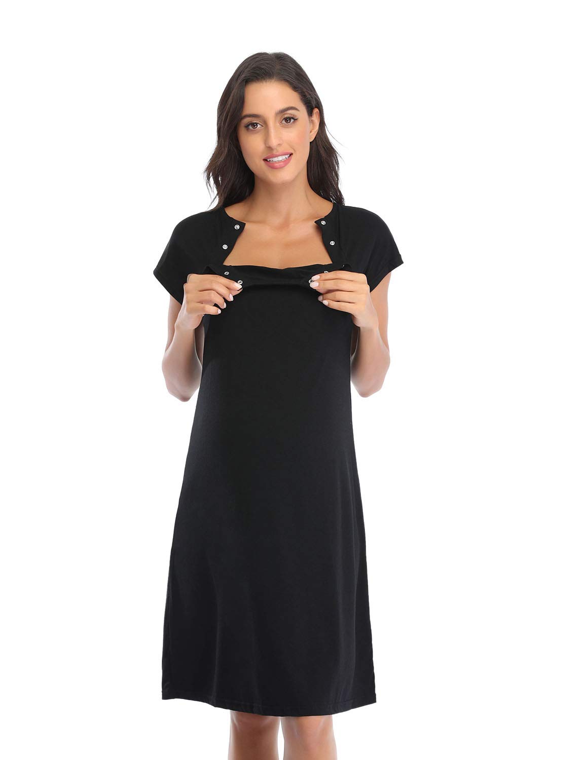 Soanhoo 3 in 1 Nursing Dress Maternity Nightgown Labor/Delivery Breastfeeding Birthing Gown with Button,Black,XL