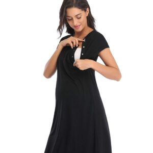 Soanhoo 3 in 1 Nursing Dress Maternity Nightgown Labor/Delivery Breastfeeding Birthing Gown with Button,Black,XL