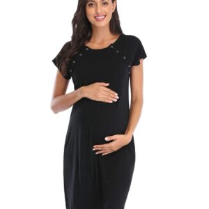 Soanhoo 3 in 1 Nursing Dress Maternity Nightgown Labor/Delivery Breastfeeding Birthing Gown with Button,Black,XL