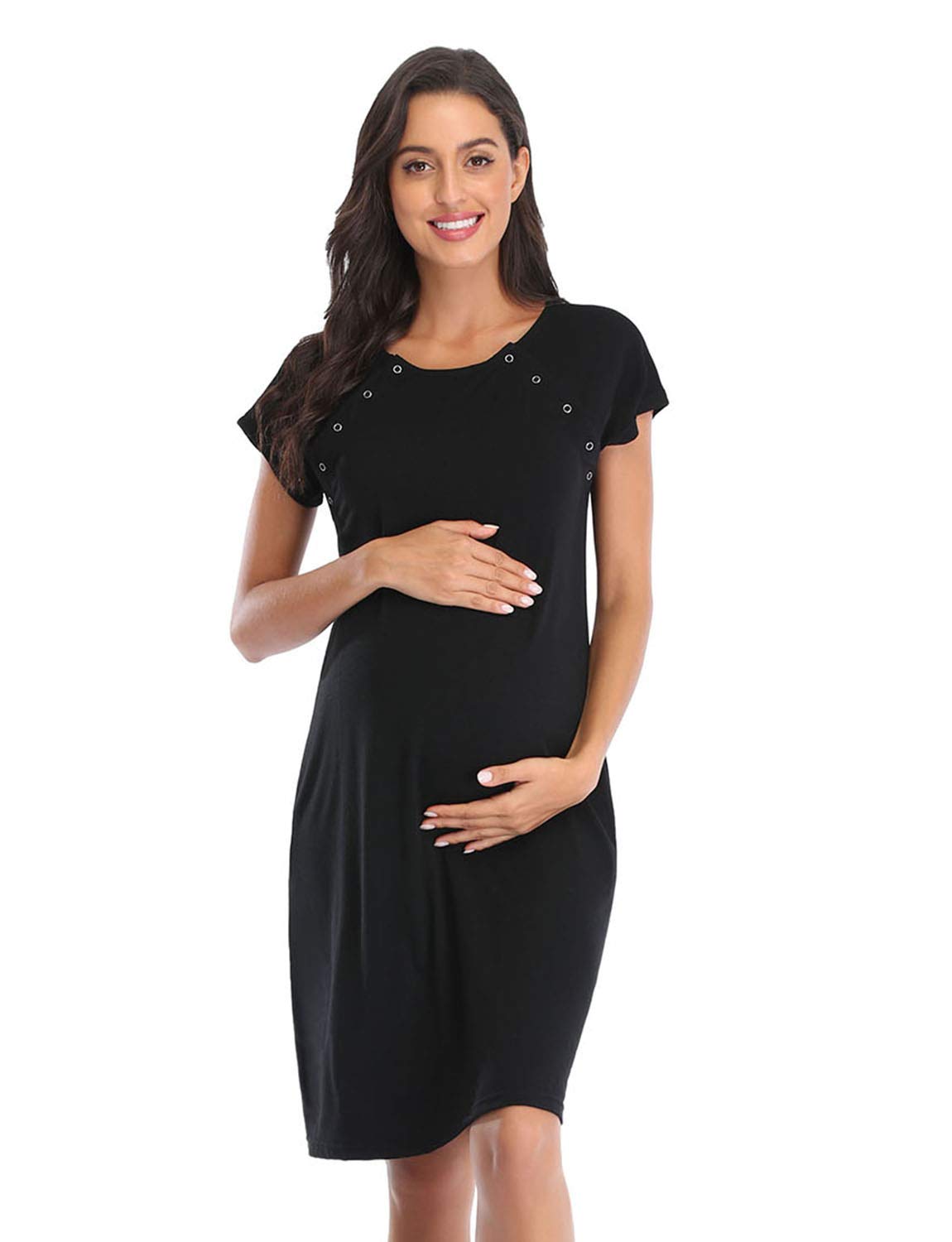 Soanhoo 3 in 1 Nursing Dress Maternity Nightgown Labor/Delivery Breastfeeding Birthing Gown with Button,Black,XL