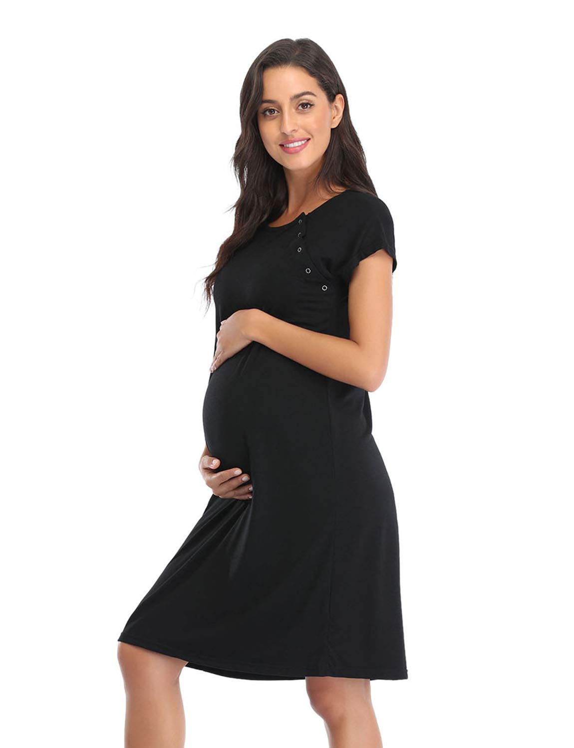 Soanhoo 3 in 1 Nursing Dress Maternity Nightgown Labor/Delivery Breastfeeding Birthing Gown with Button,Black,XL