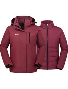 wantdo women's waterproof 3 in 1 ski jacket windproof snowboarding jackets rainwear wine red 2xl