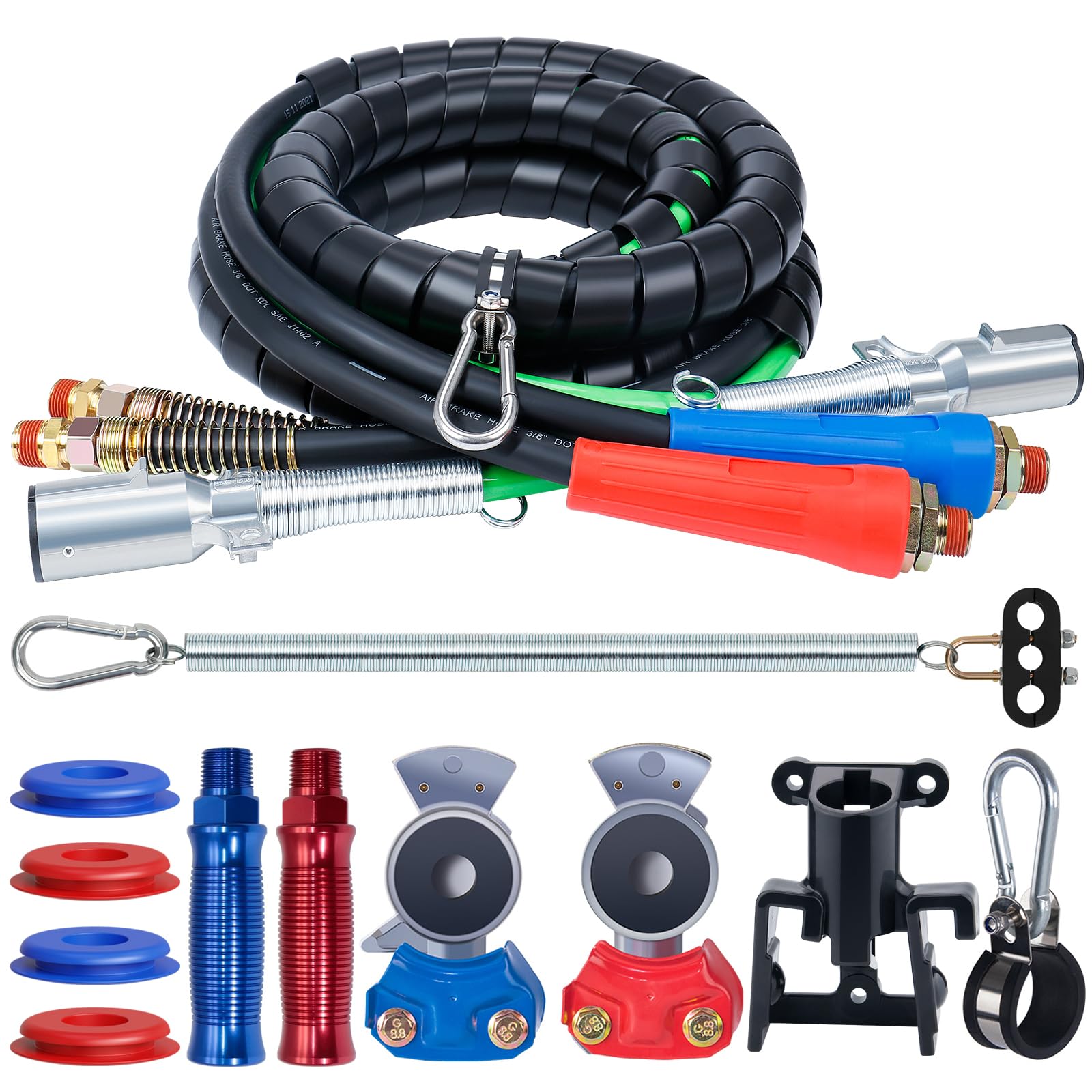 CheeMuii Semi Truck Air Lines Kit 12 FT 3 in 1 ABS Electric Power Line Air Hoses with Gladhands, Handles, Holder and Tender Spring Kit for Semi Truck Trailer Tractor