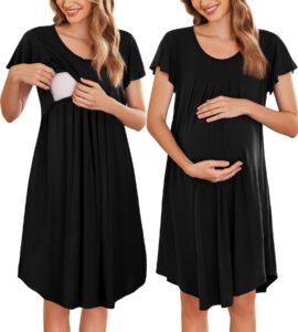 ekouaer nursing nightown labor and delivery gown for hospital pleated breastfeeding dress for women short sleeve maternity sleepwear black m