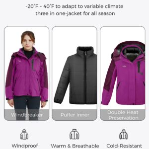 wantdo Big Girl's 3 in 1 Ski Jacket Snow Warm Winter Coat Waterproof Interchange Coat Purple 10-12