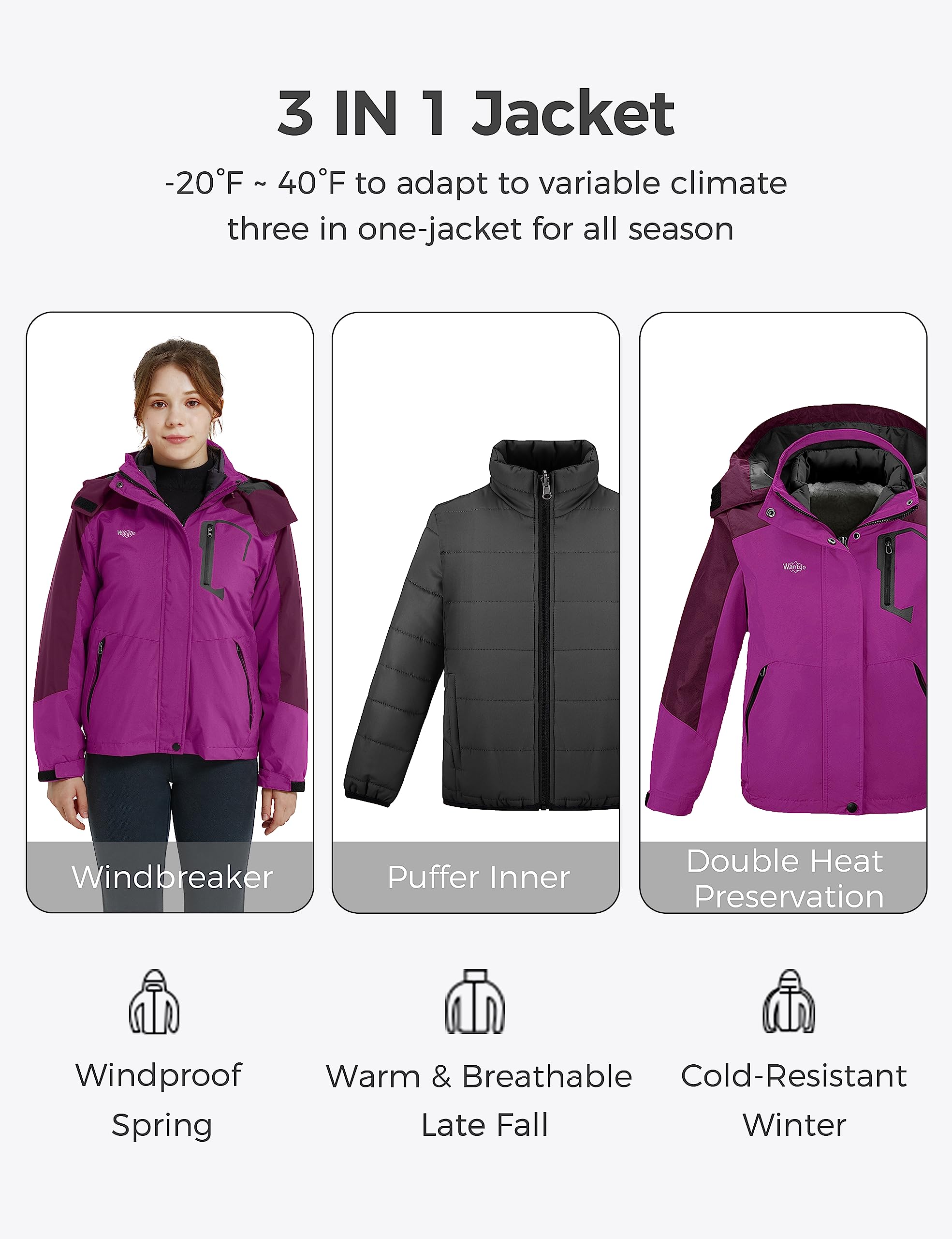 wantdo Big Girl's 3 in 1 Ski Jacket Snow Warm Winter Coat Waterproof Interchange Coat Purple 10-12