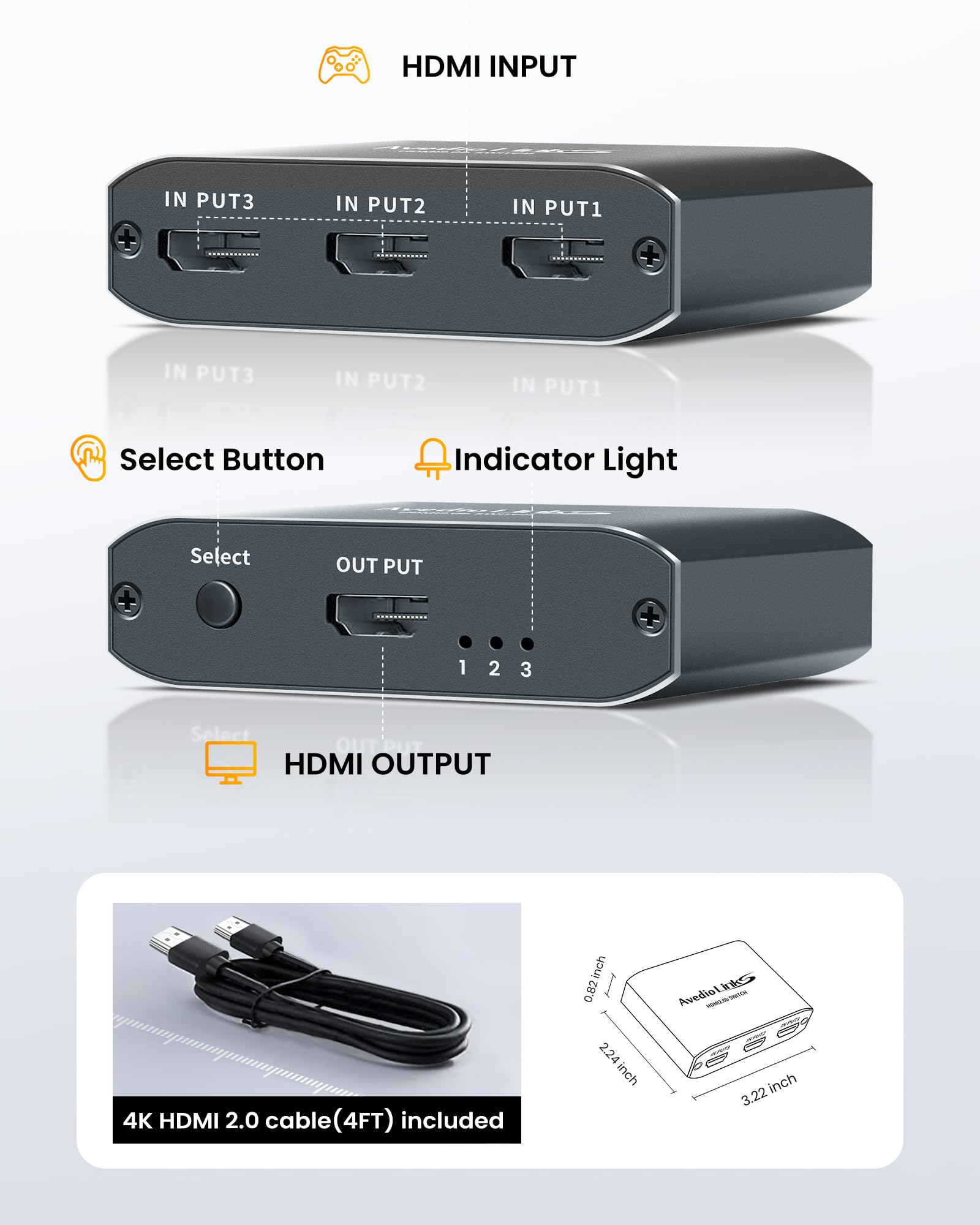 HDMI Switch 3 in 1 Out 4K@60Hz Aluminum Alloy【with 4FT HDMI 2.0 Cable】, avedio links 3x1 HDMI Multi Port Switch, 3 Way HDMI Selector Switcher Support HDCP 2.2, HDR 10, for Fire TV Stick, PS5