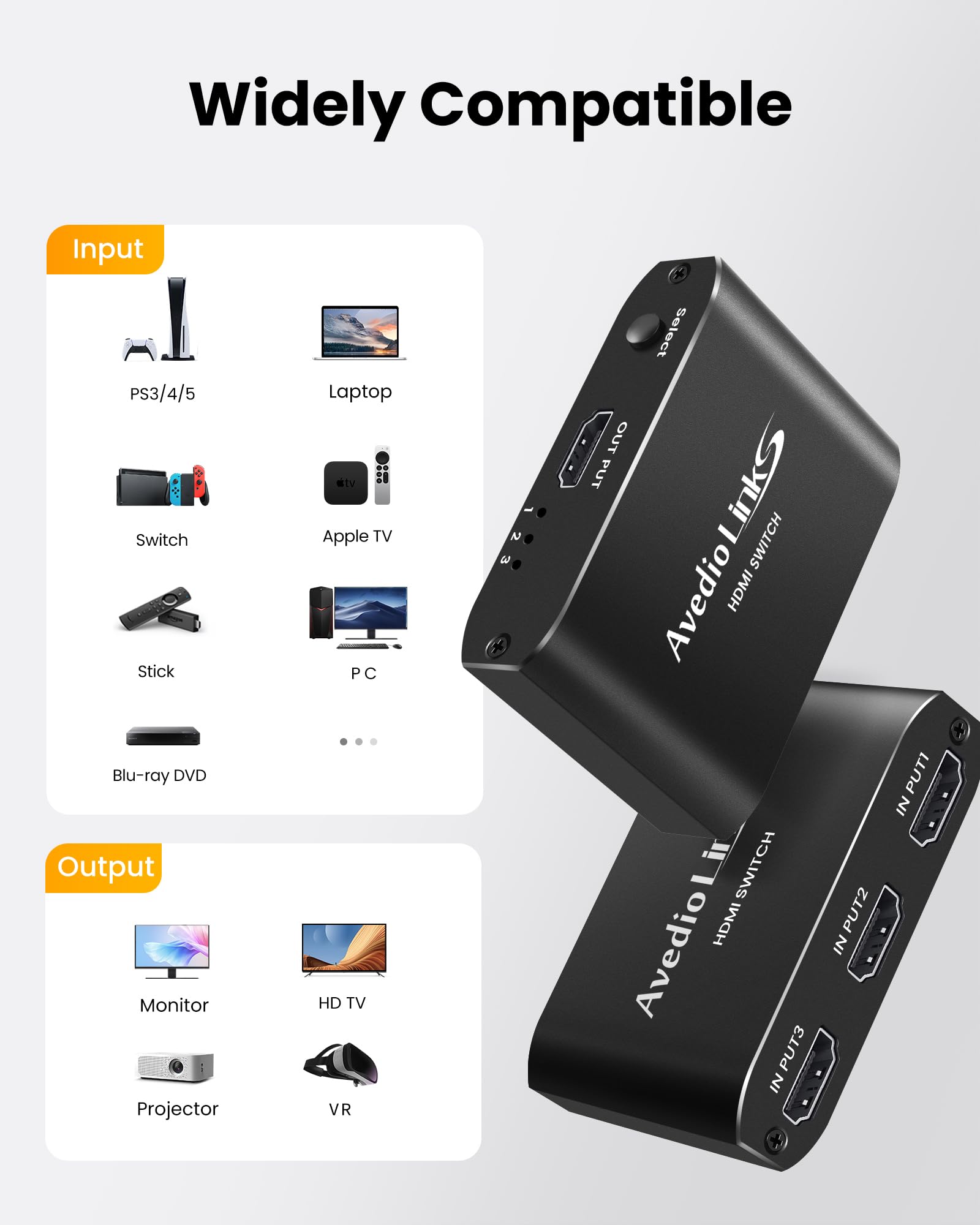 HDMI Switch 3 in 1 Out 4K@60Hz Aluminum Alloy【with 4FT HDMI 2.0 Cable】, avedio links 3x1 HDMI Multi Port Switch, 3 Way HDMI Selector Switcher Support HDCP 2.2, HDR 10, for Fire TV Stick, PS5