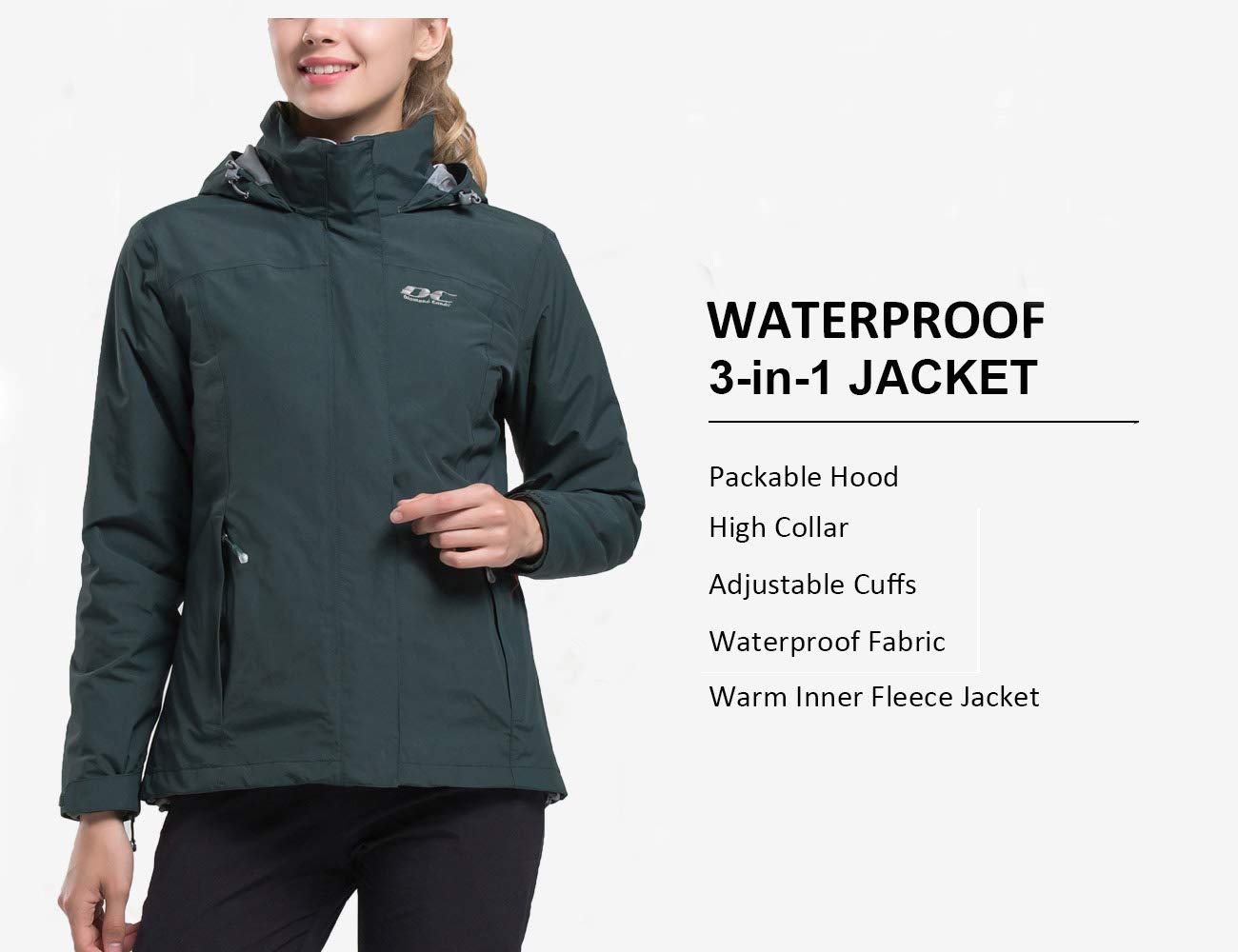 Diamond Candy Womens Winter Coat Waterproof Rain Jacket for Ski, 3 in 1 Fleece Jacket with Hood