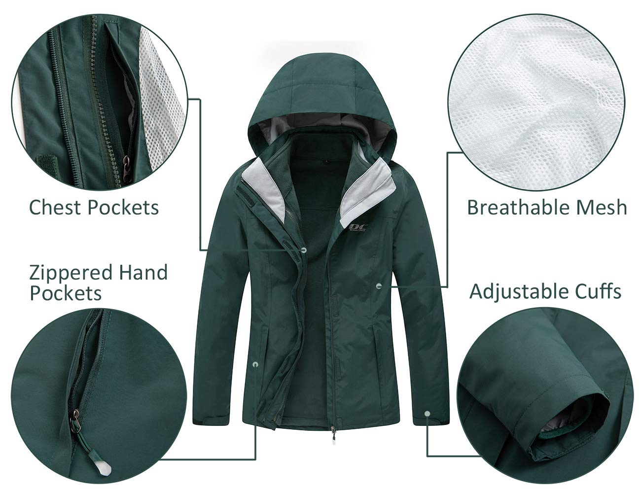 Diamond Candy Womens Winter Coat Waterproof Rain Jacket for Ski, 3 in 1 Fleece Jacket with Hood