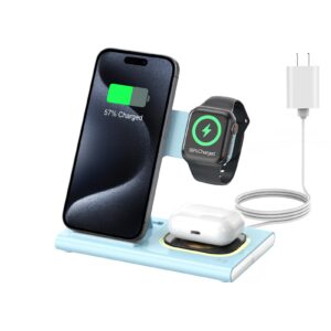 3 in 1 foldable charging station for apple products,fast wireless charger travel dock adapter&light for iphone 15/14/13/12/11/x/xs/xr 8,iwatch ultra 2/9/ultra/8/7/6/se/5/4/3,air pods 3/2/pro/2 (blue)