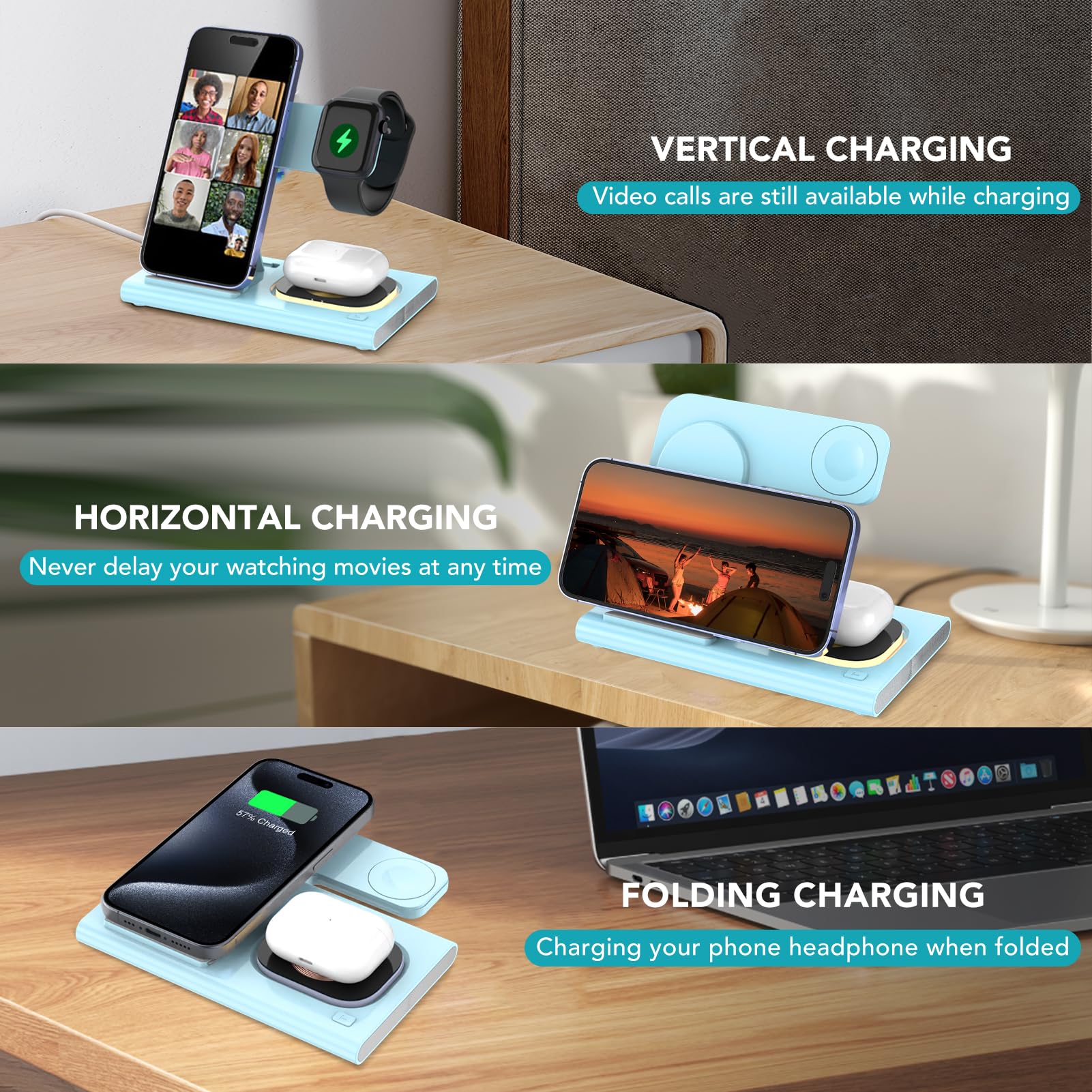 3 in 1 Foldable Charging Station for Apple Products,Fast Wireless Charger Travel Dock Adapter&Light for iPhone 15/14/13/12/11/X/XS/XR 8,iWatch Ultra 2/9/Ultra/8/7/6/SE/5/4/3,Air pods 3/2/Pro/2 (Blue)