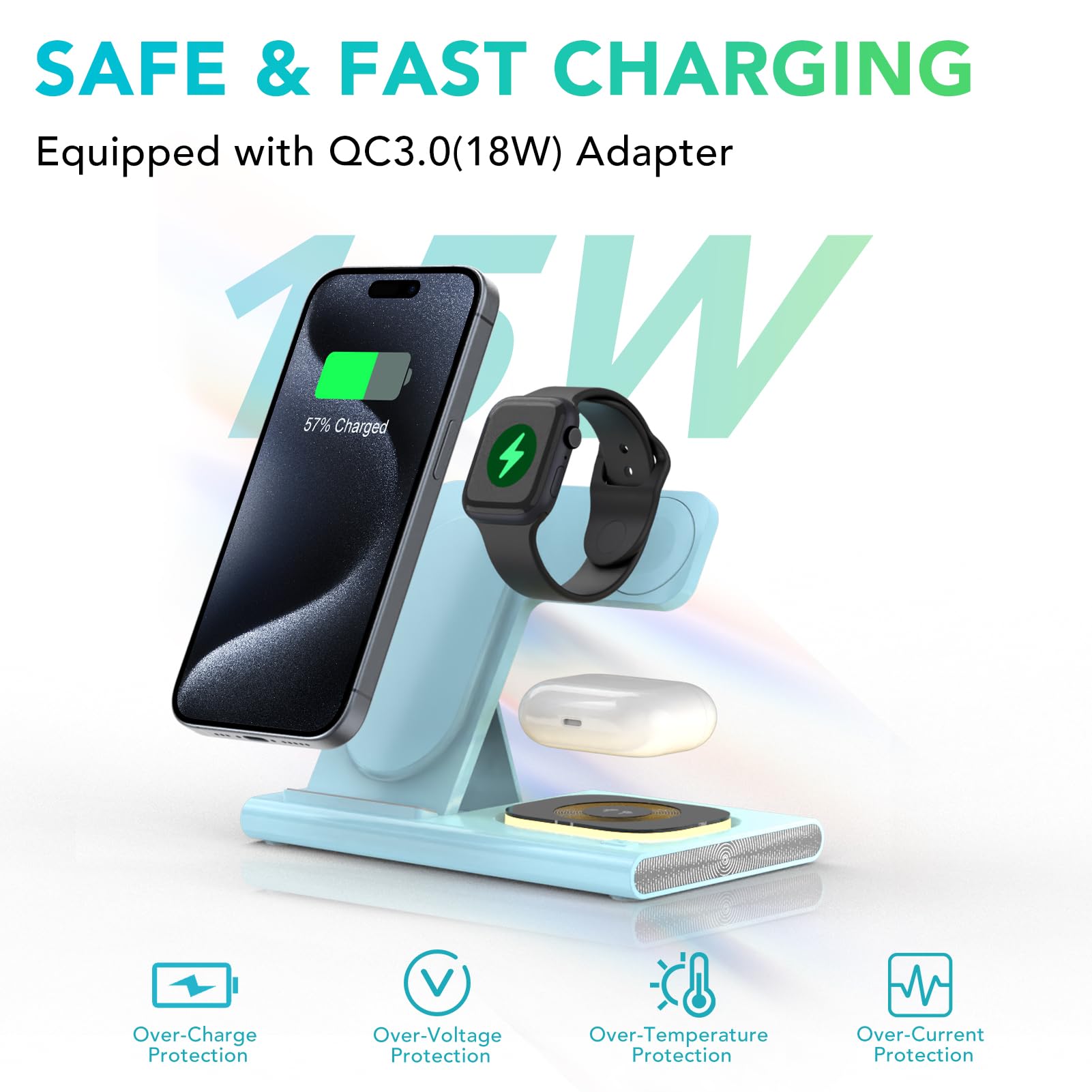 3 in 1 Foldable Charging Station for Apple Products,Fast Wireless Charger Travel Dock Adapter&Light for iPhone 15/14/13/12/11/X/XS/XR 8,iWatch Ultra 2/9/Ultra/8/7/6/SE/5/4/3,Air pods 3/2/Pro/2 (Blue)