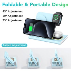 3 in 1 Foldable Charging Station for Apple Products,Fast Wireless Charger Travel Dock Adapter&Light for iPhone 15/14/13/12/11/X/XS/XR 8,iWatch Ultra 2/9/Ultra/8/7/6/SE/5/4/3,Air pods 3/2/Pro/2 (Blue)