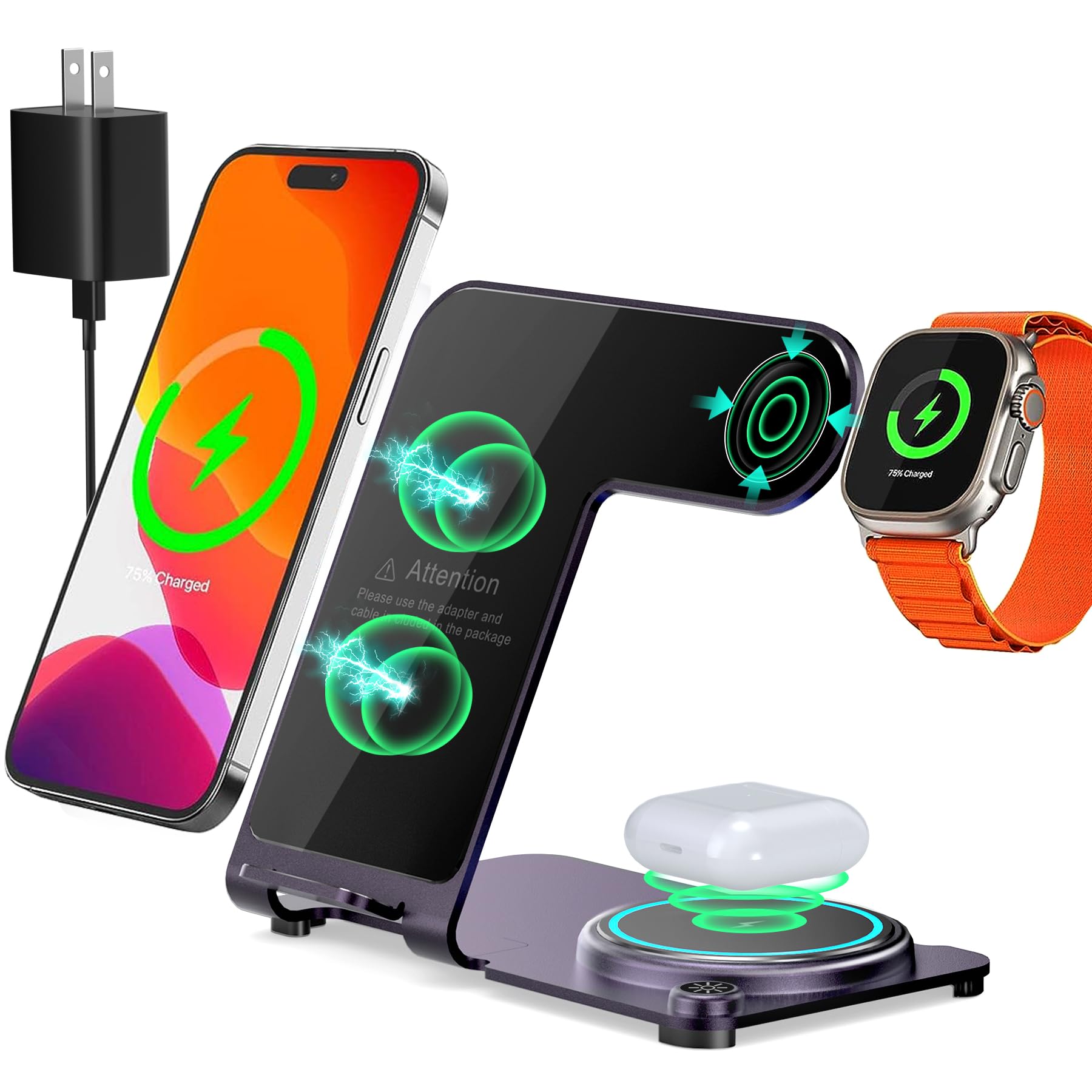 3 in 1 Charging Station Apple Purple - Mlfsaier 𝐀𝐥𝐮𝐦𝐢𝐧𝐮𝐦 𝐀𝐥𝐥𝐨𝐲 Multiple Fast Wireless Charger Stand for Apple Watch & Airpods iPhone 15 14 13 12 11 Pro X Max XS XR 8 7 Plus Nightstand