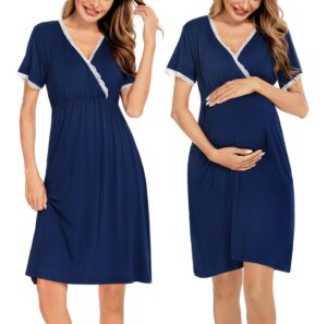 swomog women 3 in 1 delivery/labor/nursing nightgown short sleeve pleated maternity sleepwear for breastfeeding navy blue