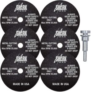 shark welding usa pn-26-6m die grinder cut-off wheel and mandrel kit, 3-inch x 1/32" x 3/8” shark type-1 double-reinforced thin wheels, 54 grit (6 cutting discs and 1 mandrel)