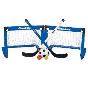 franklin sports indoor mini goal sports set - 3 in 1 kids indoor goal set - indoor mini floor hockey, knee hockey, and mini soccer set for kids, blue, 22 x 17.5-inch