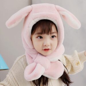 Kid Animal Hooded Scarf Girl Winter Trapper Hat with Earflap 3 in 1 Cute Bear Rabbit Beanie Children Plush Pocket Glove Set