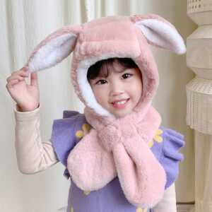 Kid Animal Hooded Scarf Girl Winter Trapper Hat with Earflap 3 in 1 Cute Bear Rabbit Beanie Children Plush Pocket Glove Set