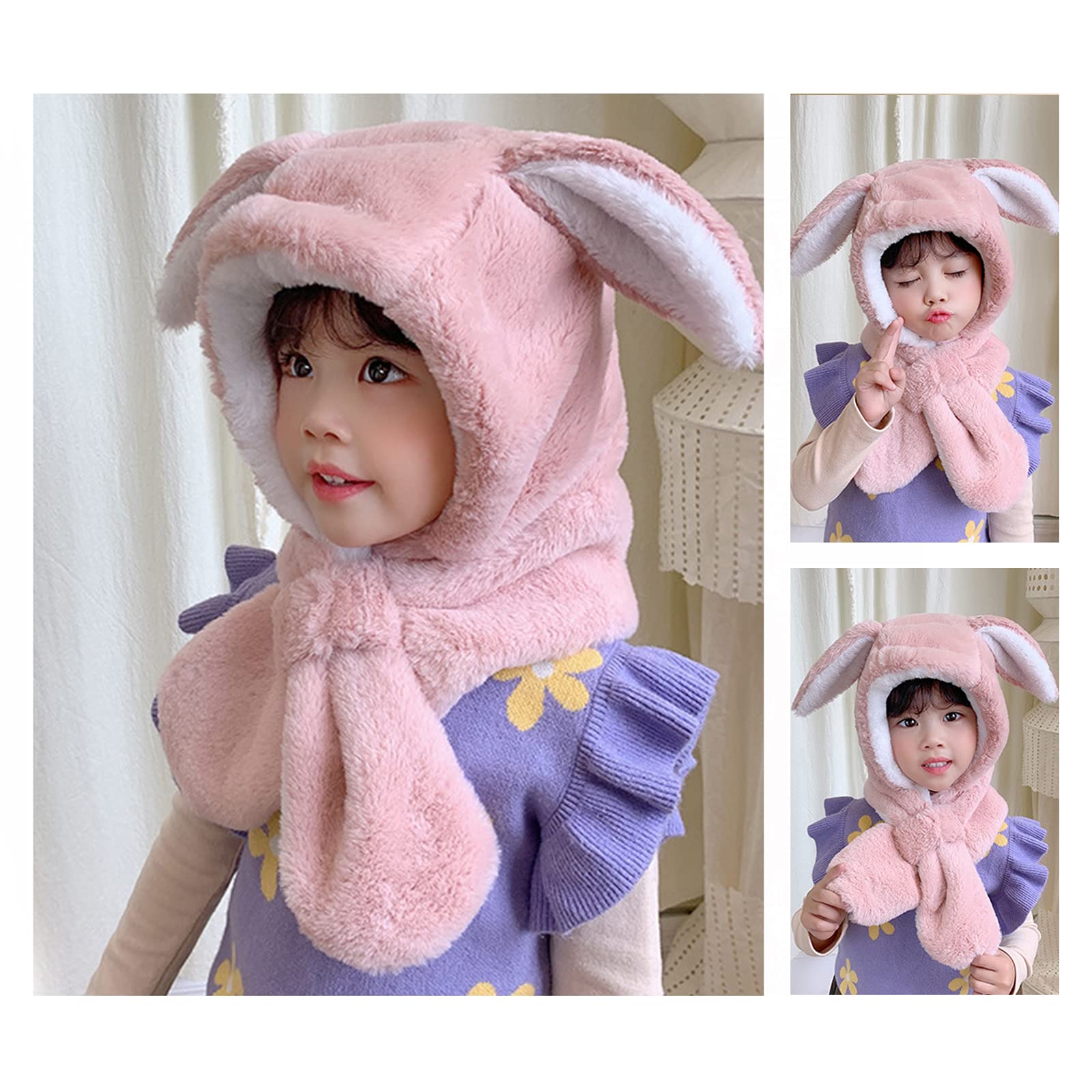 Kid Animal Hooded Scarf Girl Winter Trapper Hat with Earflap 3 in 1 Cute Bear Rabbit Beanie Children Plush Pocket Glove Set