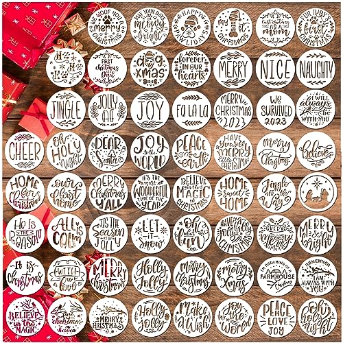 Small Christmas Stencils for Painting on Wood Reusable - 3 Inches Round Holiday Xmas Drawing Ornaments Stencil Templates for DIY Crafts Tier Tray Wood Décor (60pcs words 3in round-1)