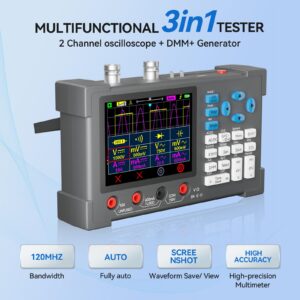 3 in 1 Portable 2CH Handheld Oscilloscope [2023 Upgraded] 120MHz Bandwidth 500MSa/s + Digital Multimeter Tester Auto Range+ Waveform Generator