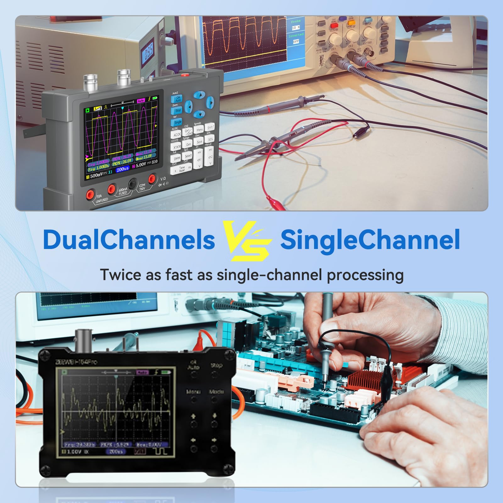 3 in 1 Portable 2CH Handheld Oscilloscope [2023 Upgraded] 120MHz Bandwidth 500MSa/s + Digital Multimeter Tester Auto Range+ Waveform Generator