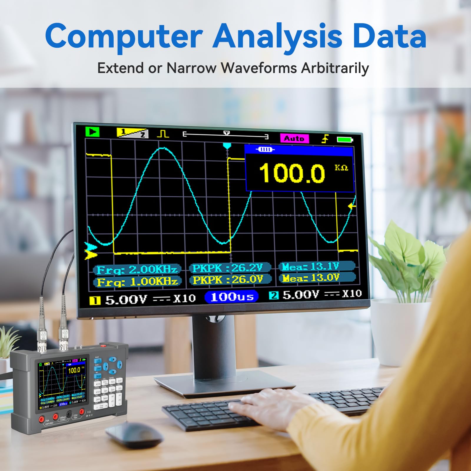 3 in 1 Portable 2CH Handheld Oscilloscope [2023 Upgraded] 120MHz Bandwidth 500MSa/s + Digital Multimeter Tester Auto Range+ Waveform Generator