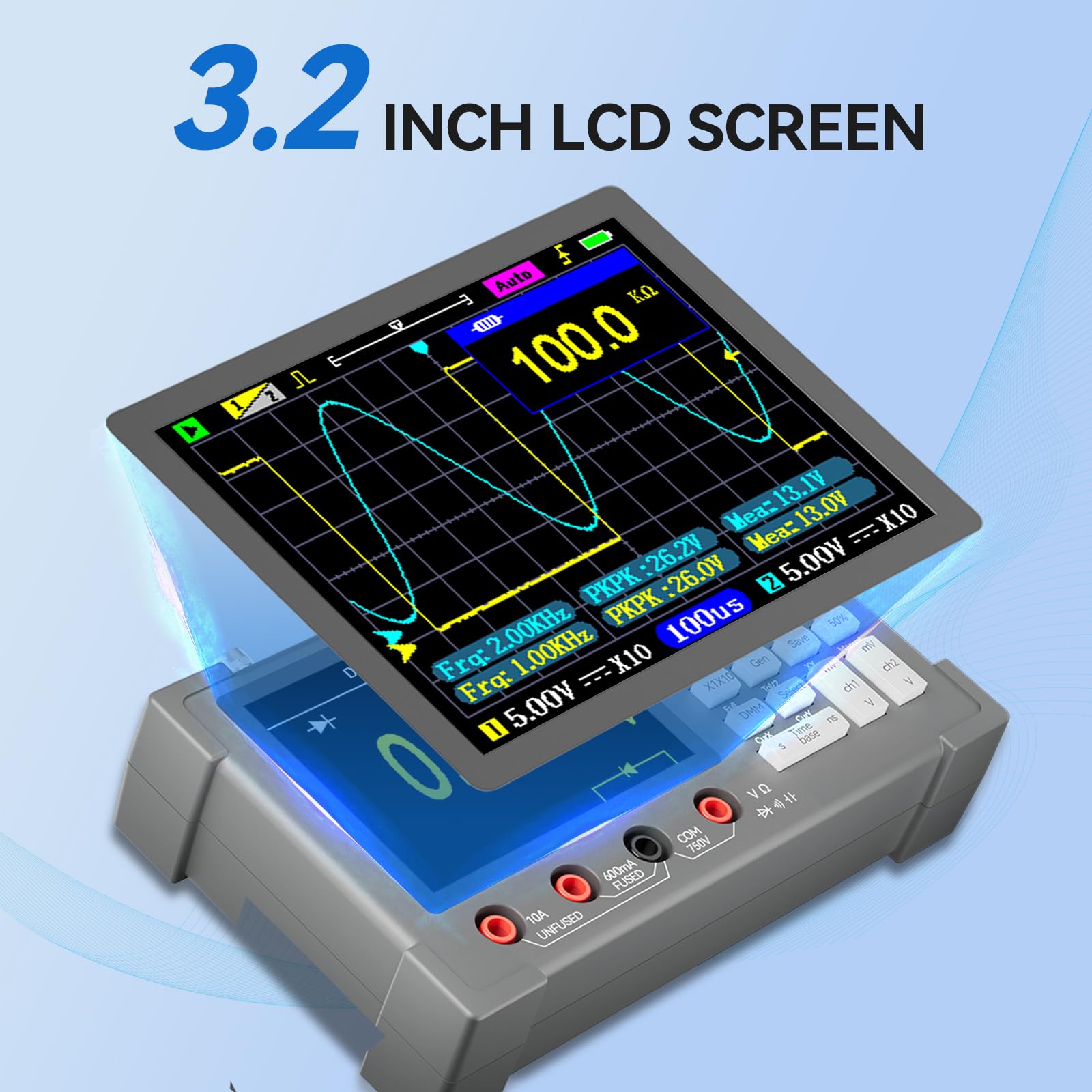 3 in 1 Portable 2CH Handheld Oscilloscope [2023 Upgraded] 120MHz Bandwidth 500MSa/s + Digital Multimeter Tester Auto Range+ Waveform Generator