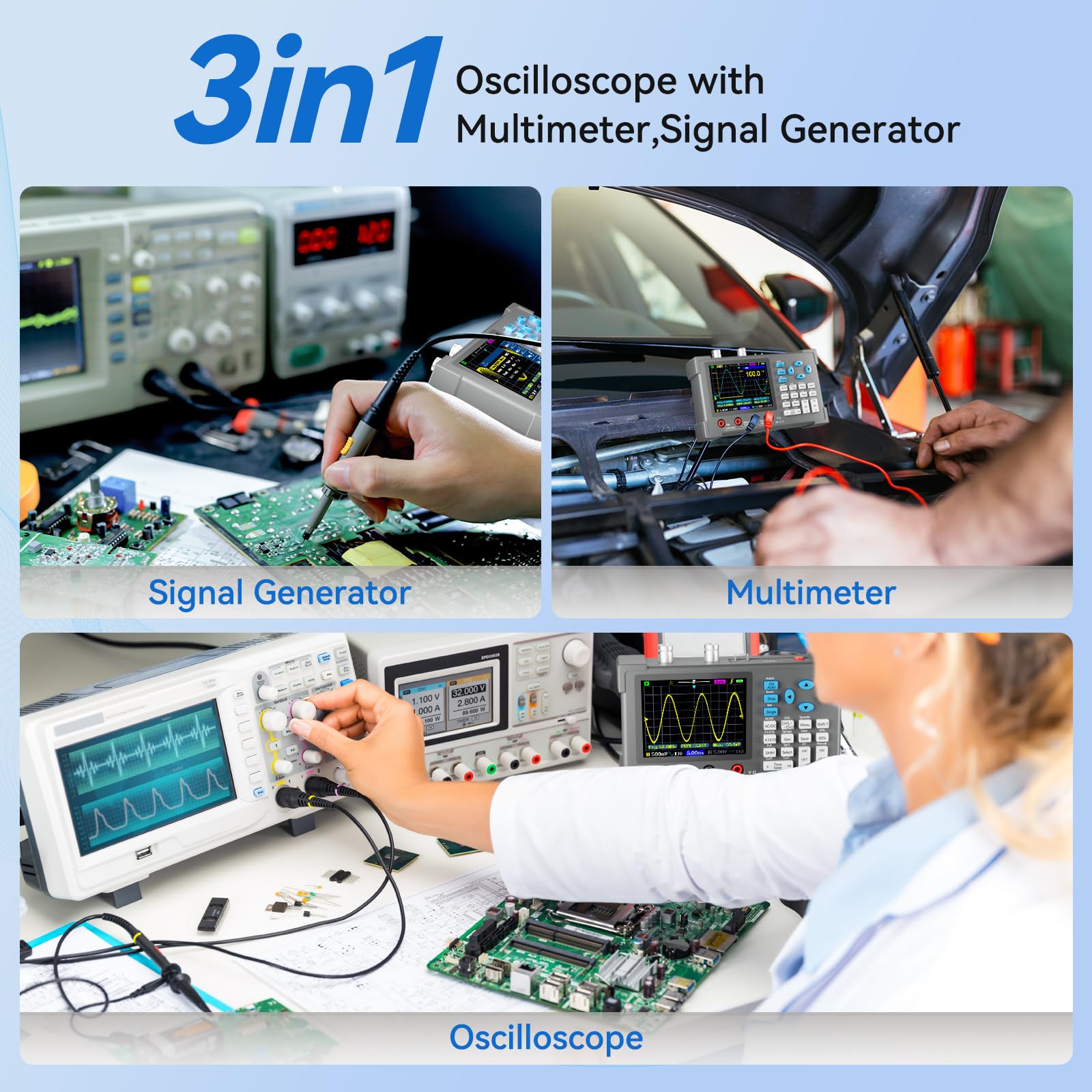 3 in 1 Portable 2CH Handheld Oscilloscope [2023 Upgraded] 120MHz Bandwidth 500MSa/s + Digital Multimeter Tester Auto Range+ Waveform Generator