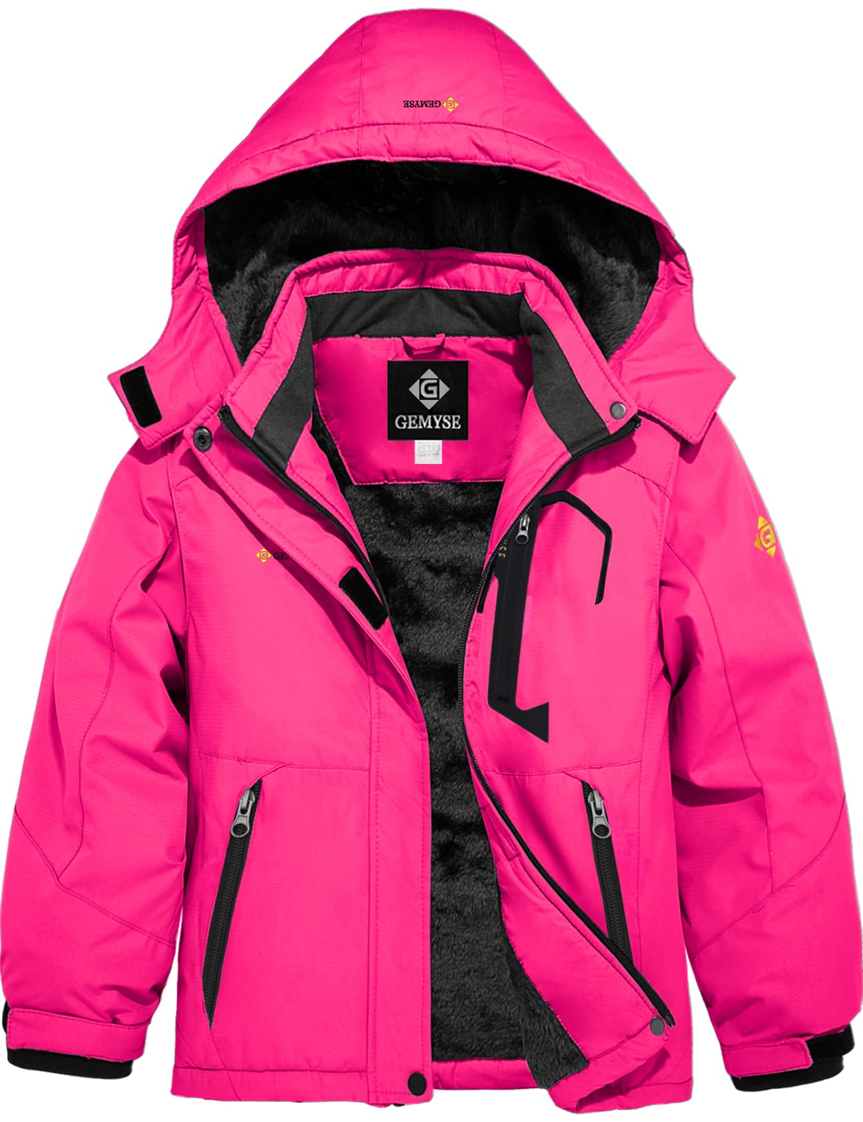 GEMYSE Girl's Waterproof Ski Snow Jacket Fleece Windproof Winter Jacket with Hood (Watermelon Red,6/7)