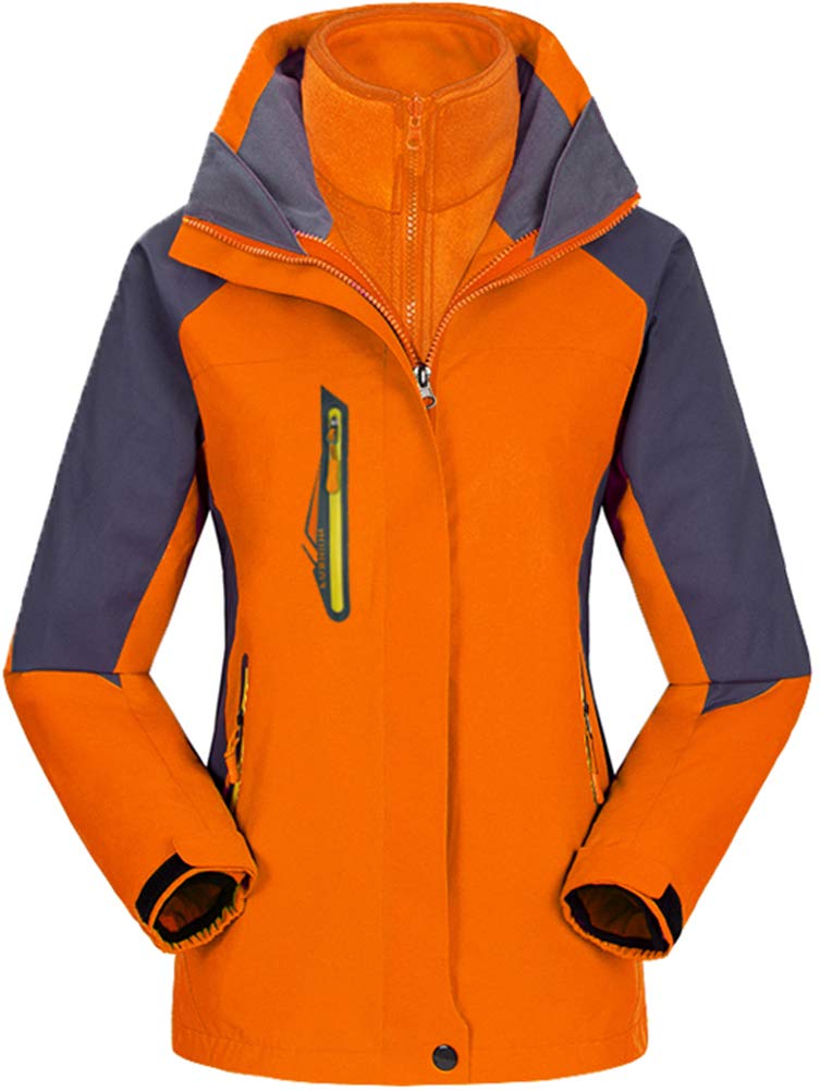 Amxiway Women's Mountain Waterproof Windproof Fleece 3 in 1 Jacket Ski Hooded Rain Coat(Orange,L)