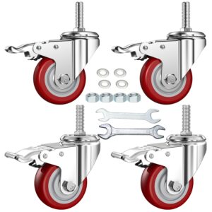 dicasal 3 inch swivel stem casters heavy duty american size unc 1/2"-13x1-1/2"stem thread wheels 360 degree durable wheels dual safety locks castors with 990 lbs capacity pack of four