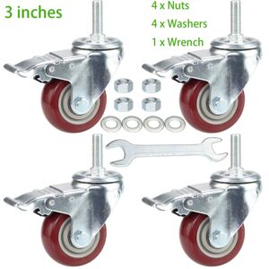 DICASAL 3 Inch Swivel Stem Casters Heavy Duty American Size UNC 1/2"-13x1-1/2"Stem Thread Wheels 360 Degree Durable Wheels Dual Safety Locks Castors with 990 Lbs Capacity Pack of Four