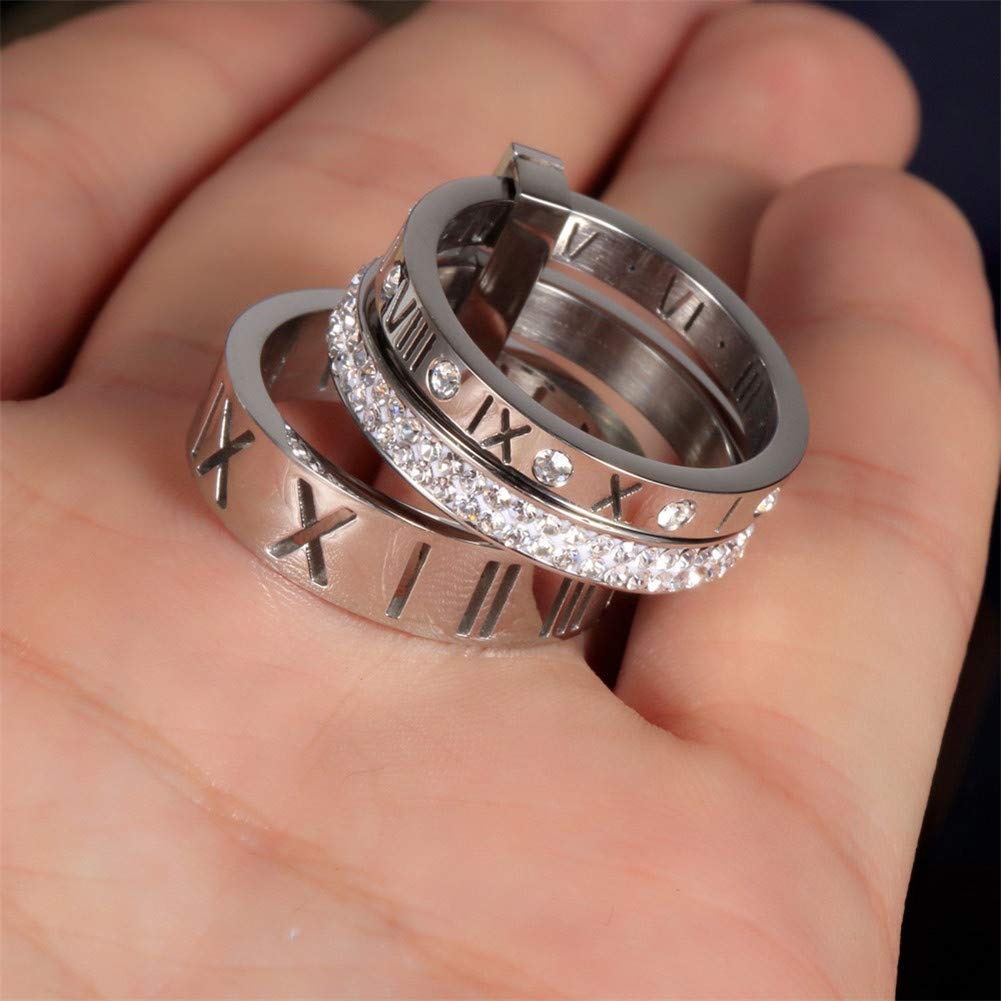 Jarlinwel Stainless Steel CZ Zirconia Roman Numeral Ring For Women Girls 3 in 1 Spinner Rings (Silver, 7 Runs small)