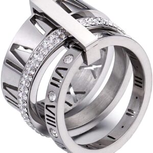 Jarlinwel Stainless Steel CZ Zirconia Roman Numeral Ring For Women Girls 3 in 1 Spinner Rings (Silver, 7 Runs small)