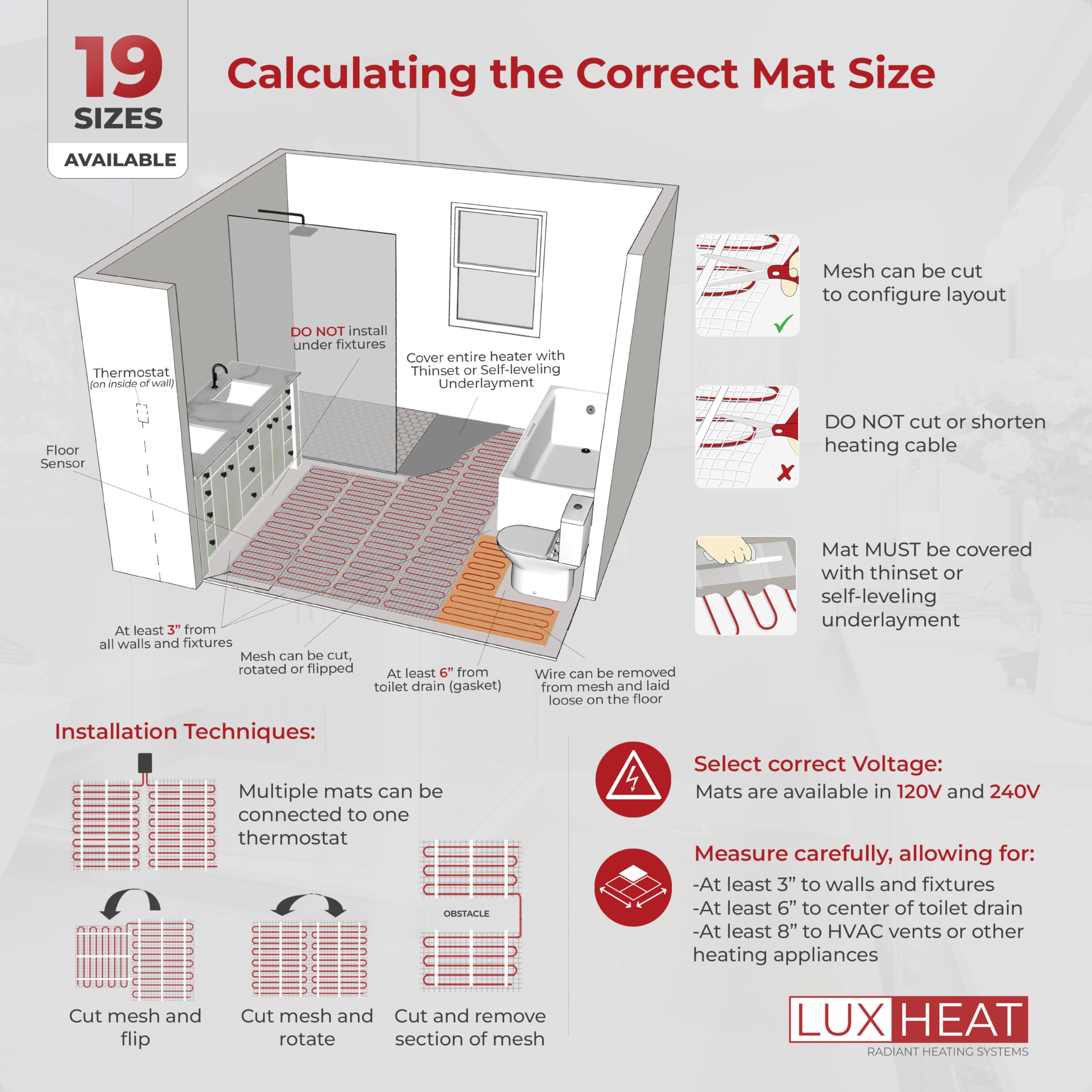 LuxHeat 150 Sqft Mat Kit (120v) Electric Radiant Floor heating System for Under Tile & Laminate. Underfloor Heating Kit Includes Heat Mat, Alarm & OJ Microline WiFi Programmable Thermostat with GFCI