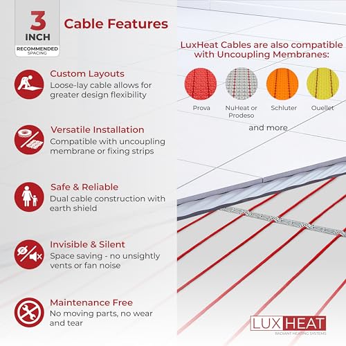 LuxHeat Floor Heating Cable Set, 80 Sqft - 120v Electric Radiant Floor Heating System Under Tile. Set Includes, Floor Heating Cable, Strapping, UDG4 OJ Microline Programmable Thermostat with GFCI